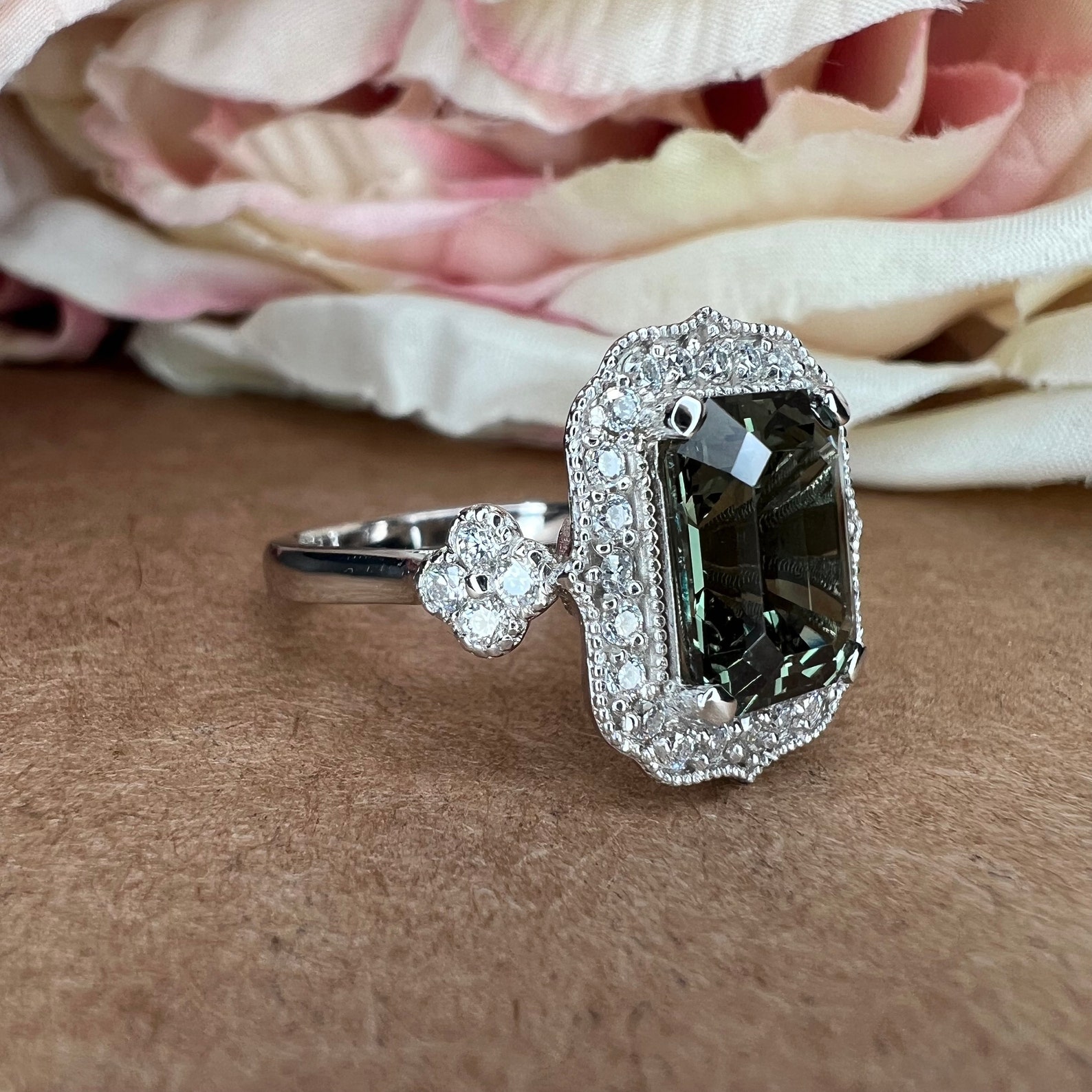 Vintage Olive Green Sapphire Engagement Ring 14K White Gold - Etsy