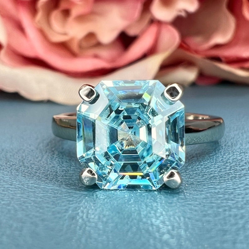 Asscher Cut Aquamarine Engagement Ring 14K White Gold - Etsy