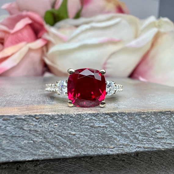 Cushion Cut Ruby With Moissanite Engagement Ring 14K Yellow - Etsy