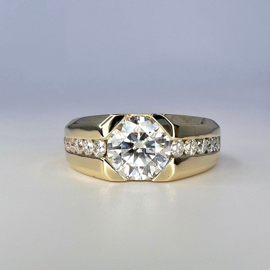 Round Moissanite Mens Ring 14k Solid Gold, Half Bezel Mens Moissanite ...