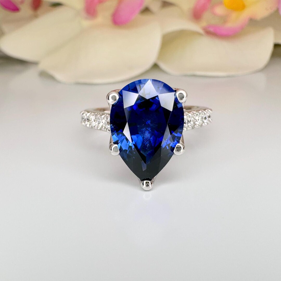 Pear Shape Sapphire Ring / Sapphire and Moissanite Engagement Ring ...