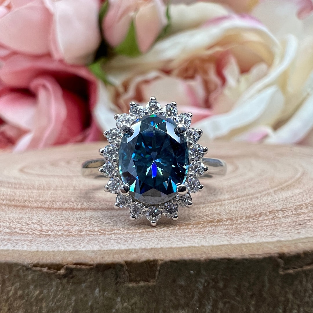Blue Grey Moissanite Oval Cut Halo White Gold Blue Gray Moissanite ...