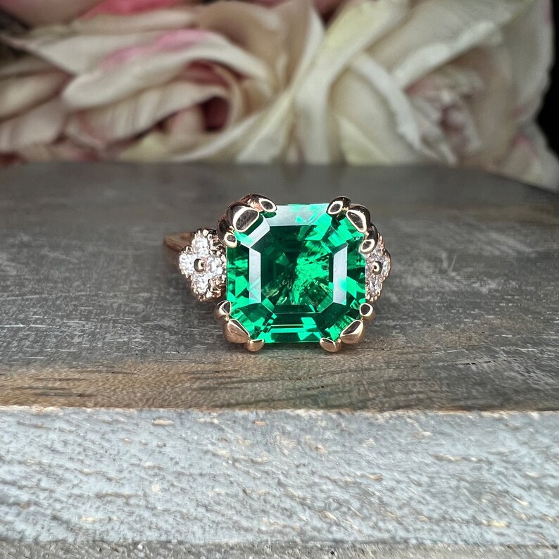 Asscher Cut Emerald Engagement Ring 14K Rose Gold Unique - Etsy