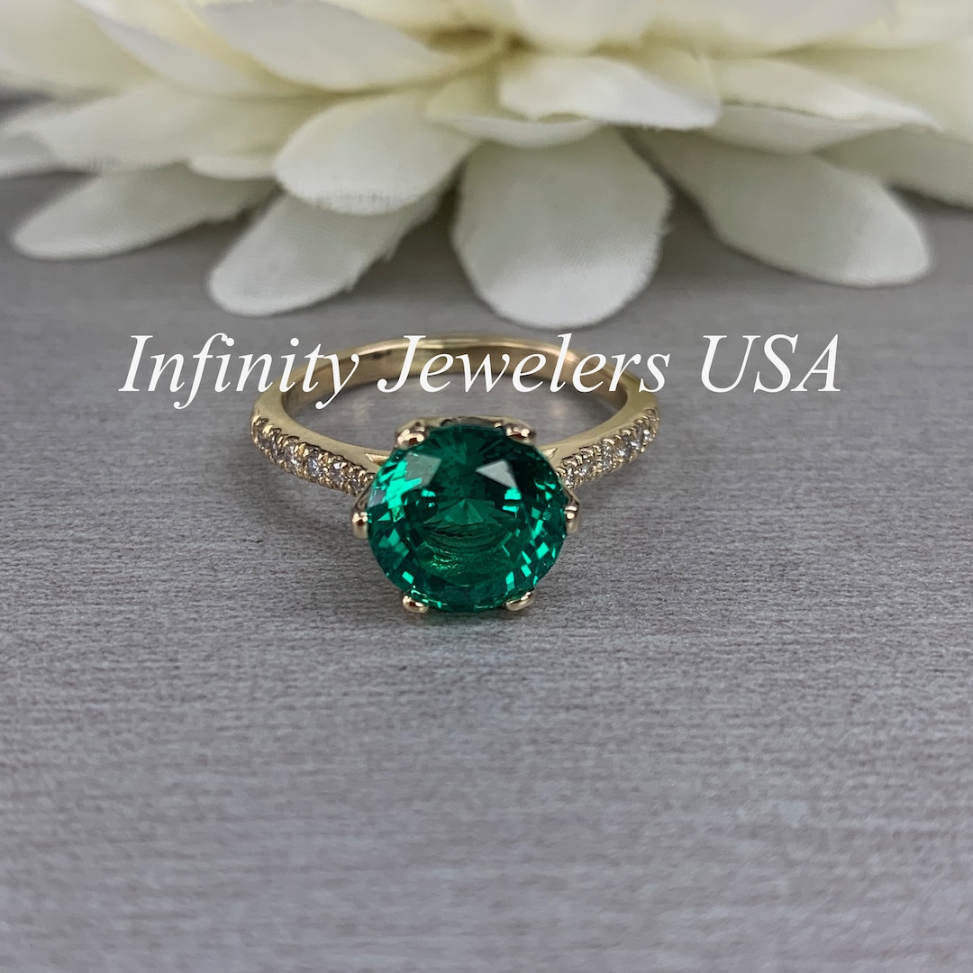 Round Cut Emerald Engagement Ring 14k Solid Gold Unique Crown Head ...