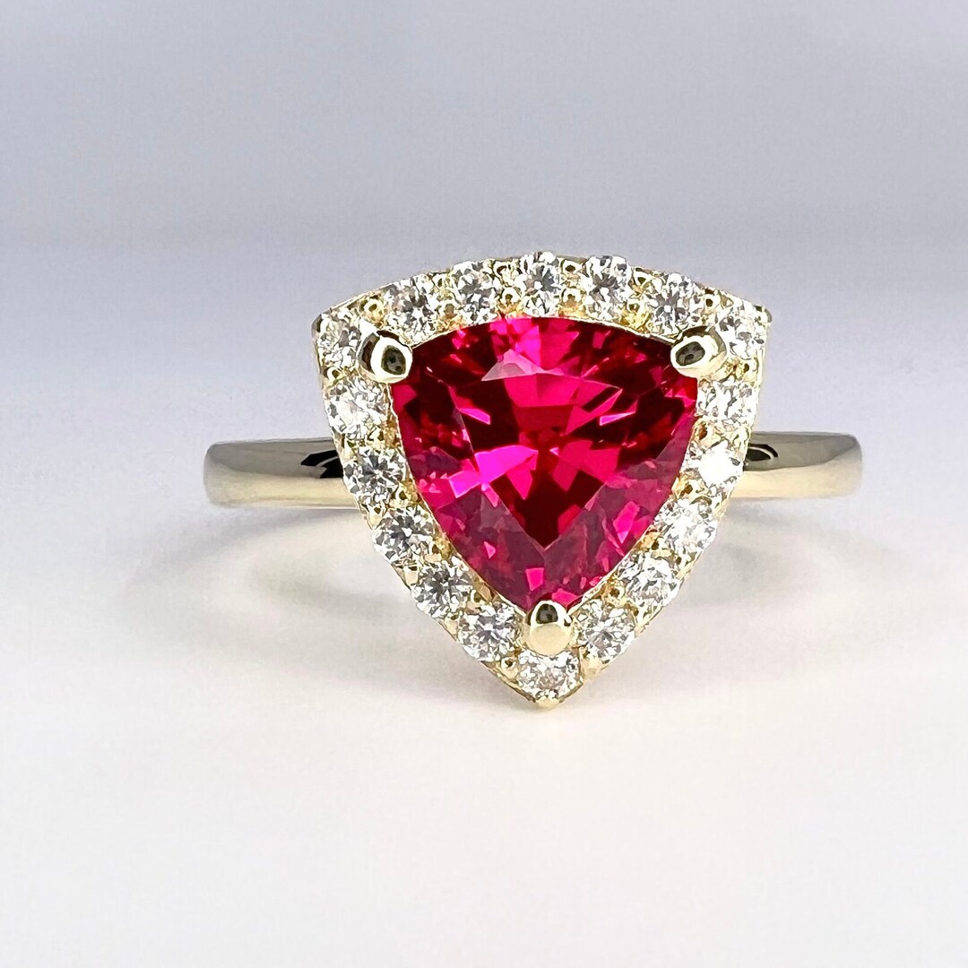 Trillion Cut Ruby Engagement Ring 14k Solid Gold, Moissanite Halo Ruby ...
