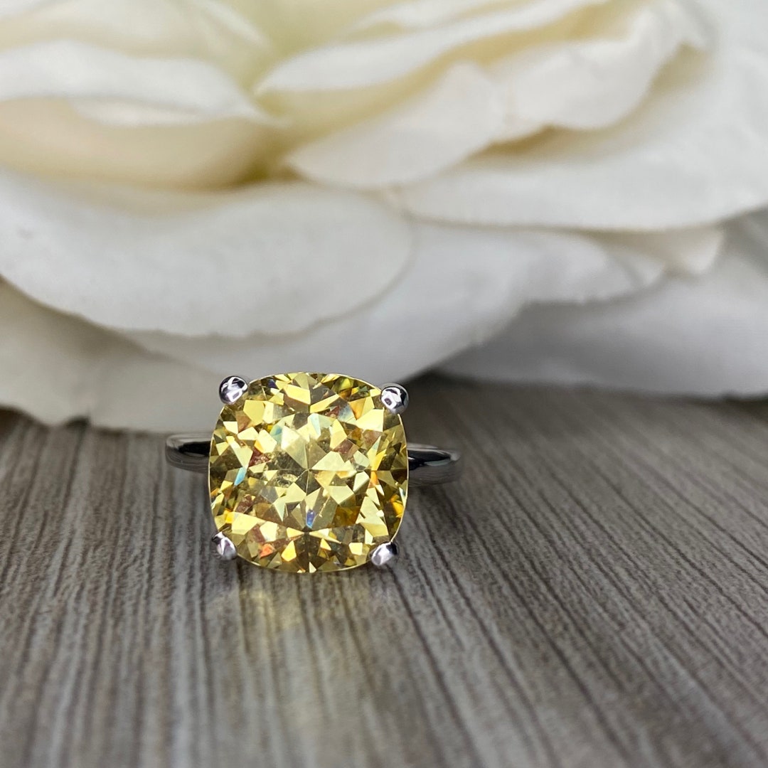 Cushion Cut Yellow Stone Engagement Ring , Yellow Stone Solitaire ...