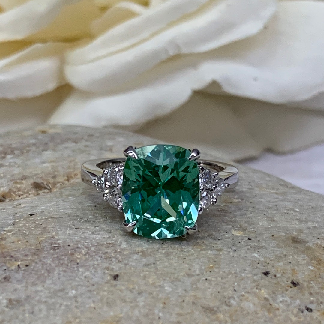 Elongated Cushion Engagement Ring, Green Stone Ladies Ring, Green ...