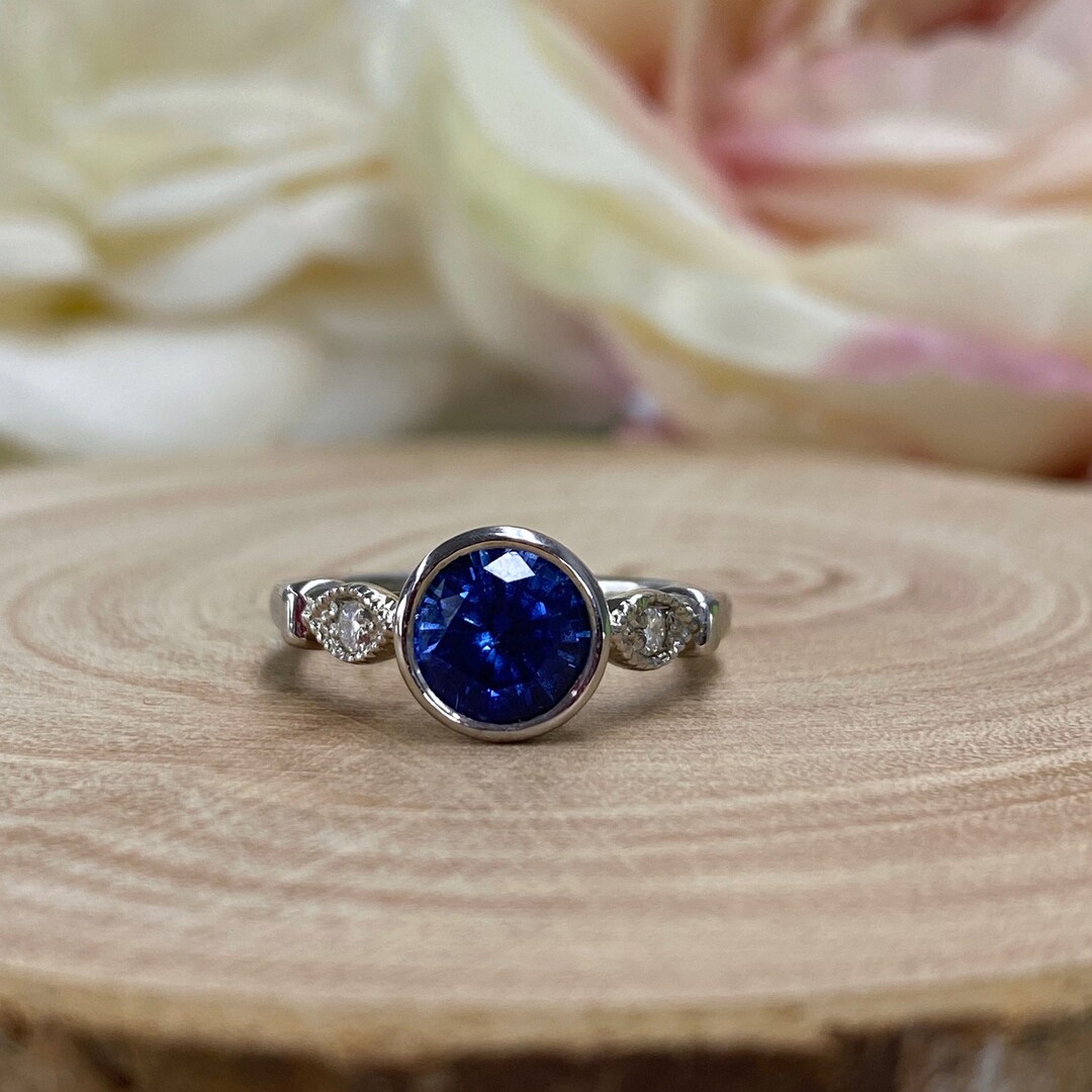 Round Blue Sapphire Engagement Ring Round Bezel Set Ring - Etsy