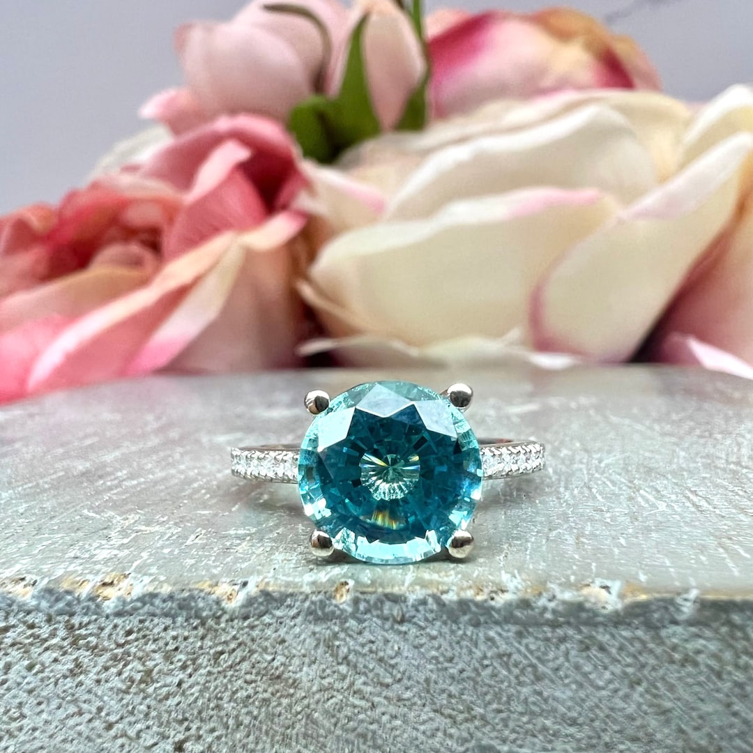 Neon Blue Paraiba Round Engagement Ring, 14k Solid Gold Paraiba and ...
