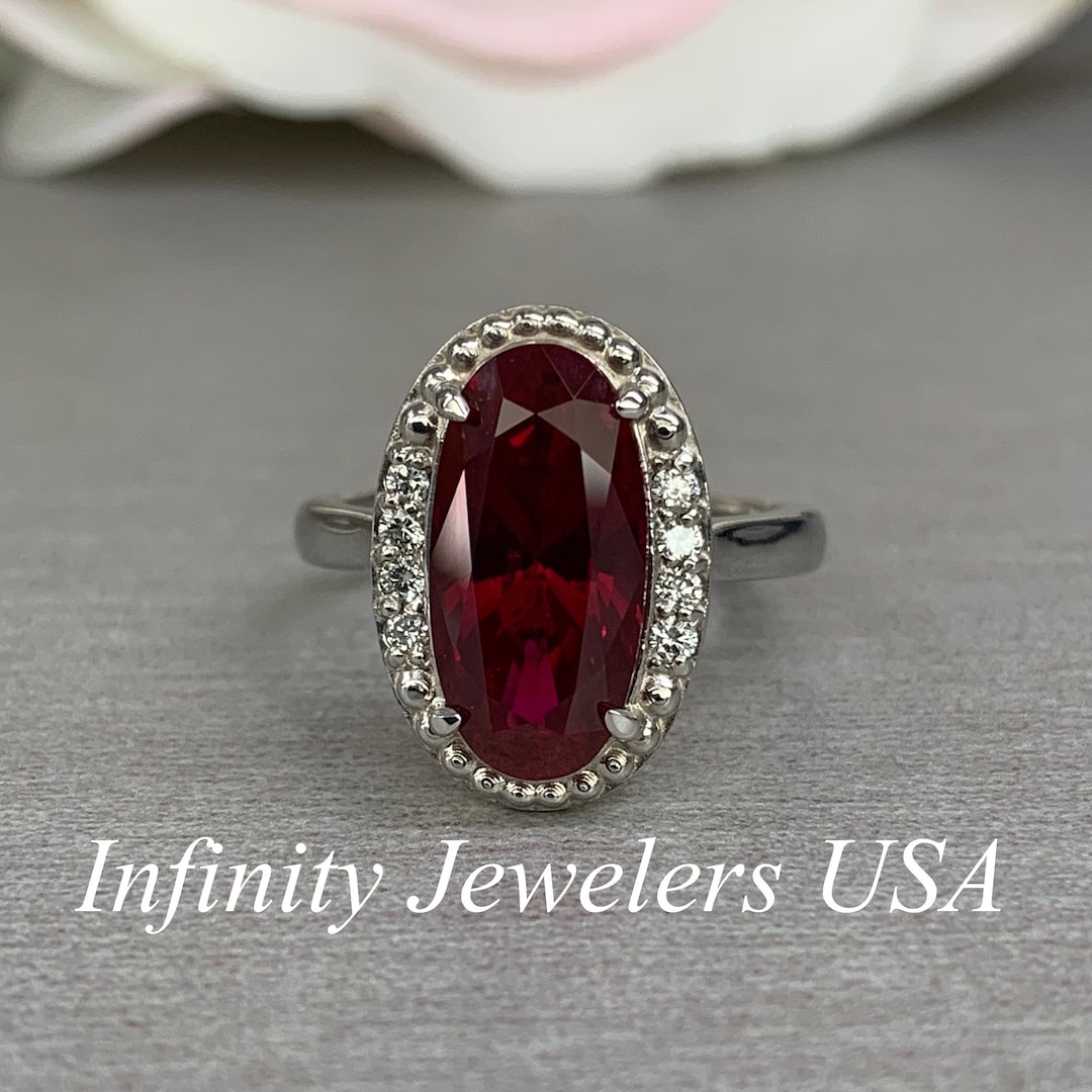 Elongated Oval Ladies Ring / Red Ruby Engagement Ring / Diamond and ...