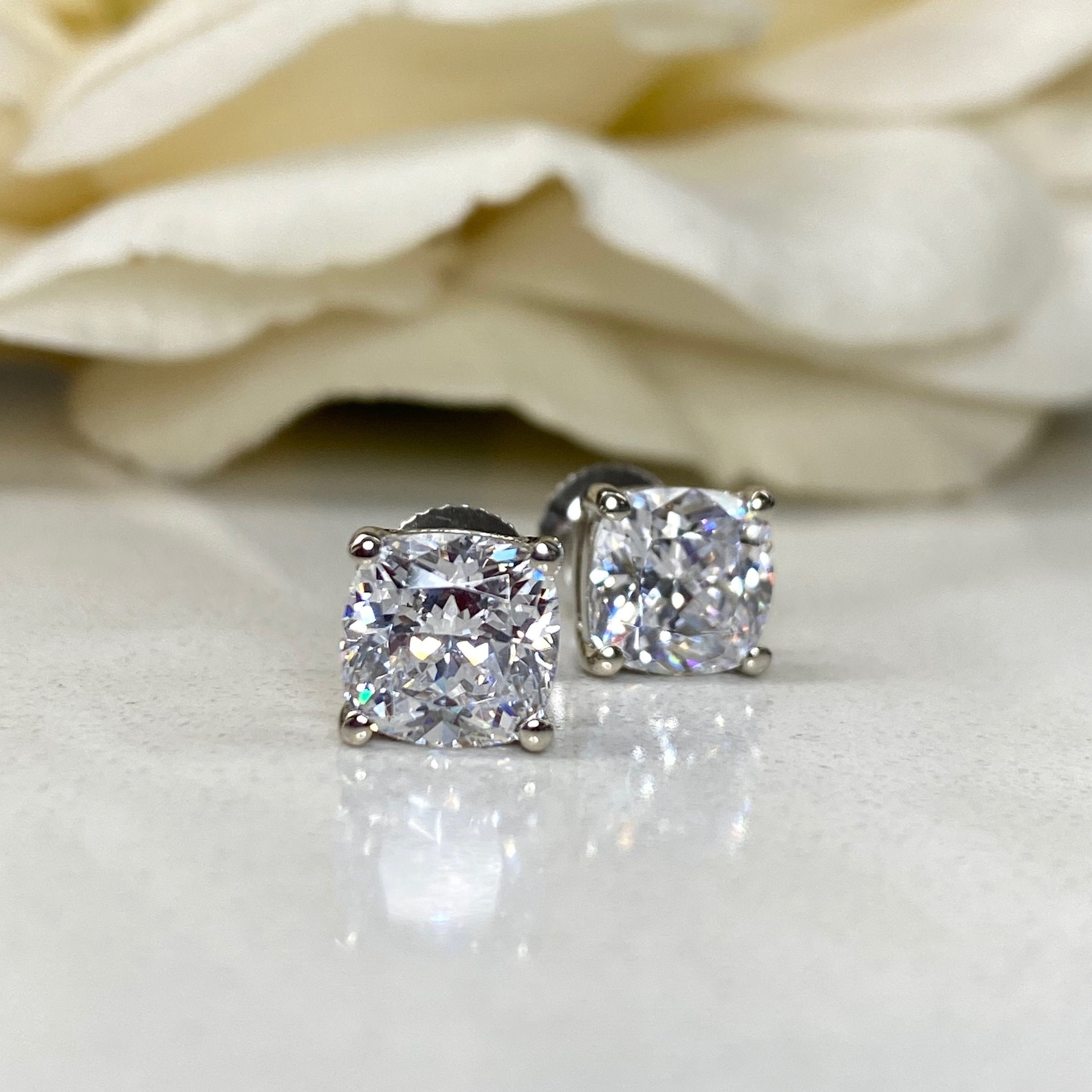 Moissanite Earrings , Cushion Cut Stud Earrings 14K White Gold ...