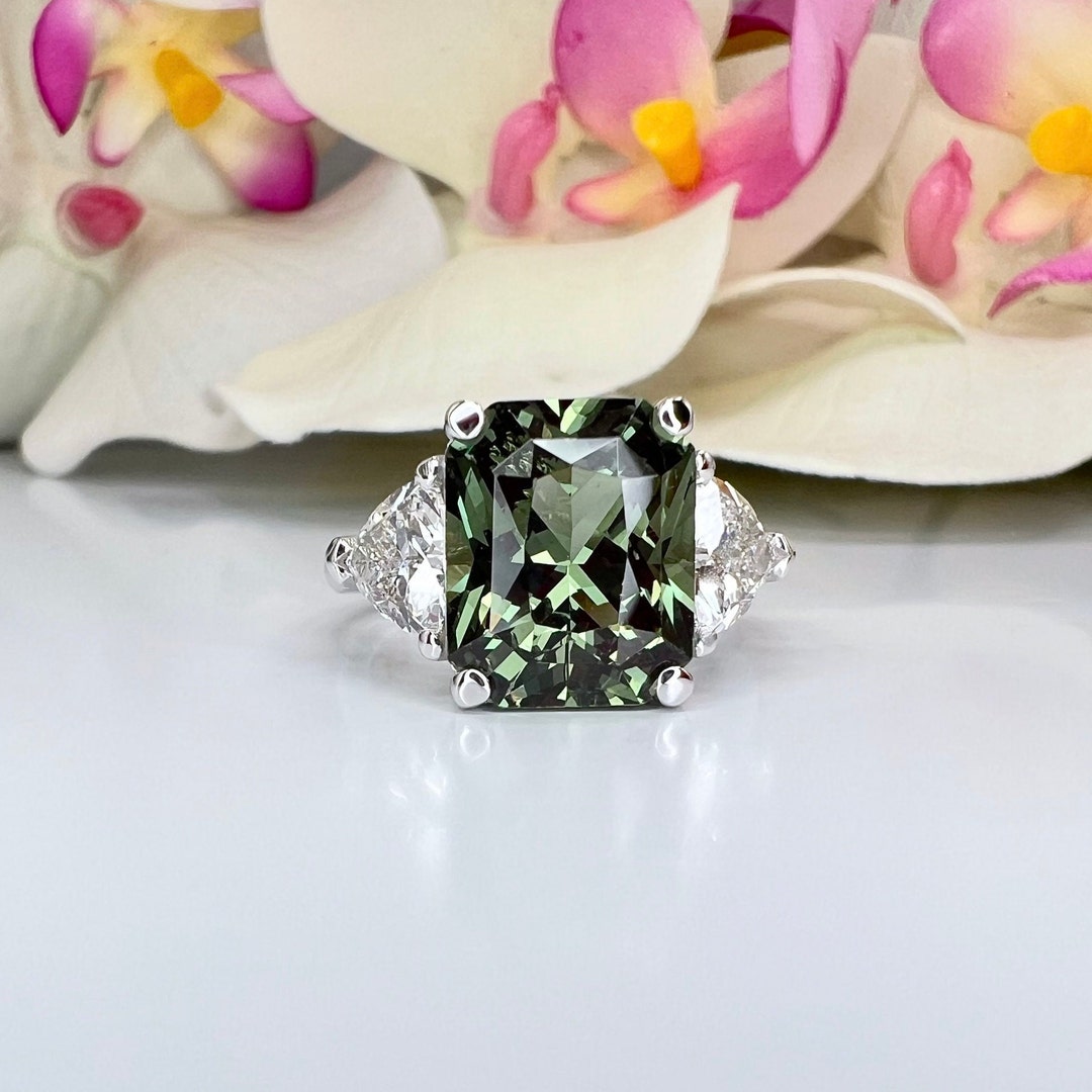 Radiant Cut Olive Green Sapphire Engagement Ring With Trillion ...
