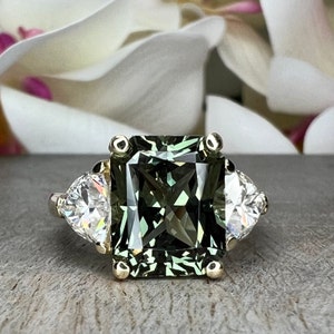 Radiant Cut Olive Green Sapphire Engagement Ring 14K Solid Gold, Three ...