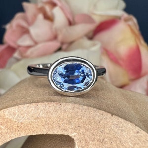 Oval Cut Blue Sapphire Bezel Set Ring 14K White Gold, East West Oval ...