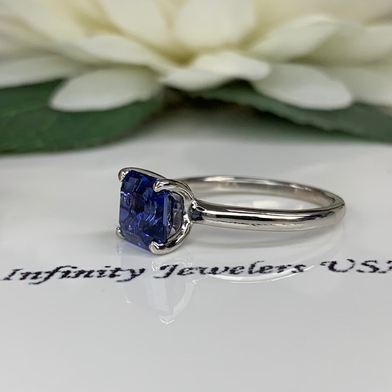 Asscher Cut Solitaire / Blue Sapphire Engagement Ring / 14k | Etsy