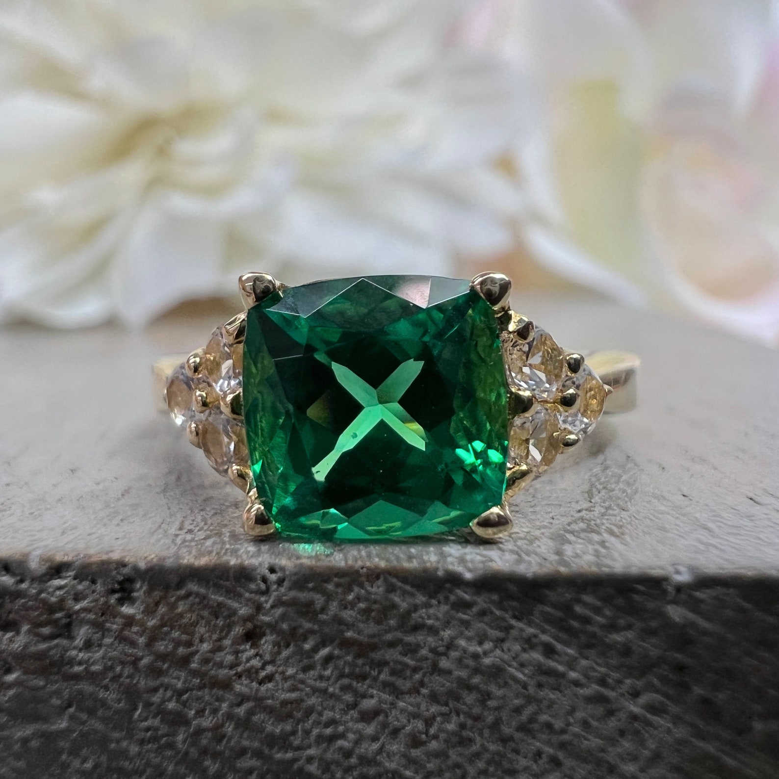 Cushion Cut Emerald Engagement Ring 14k Solid Gold Unique - Etsy