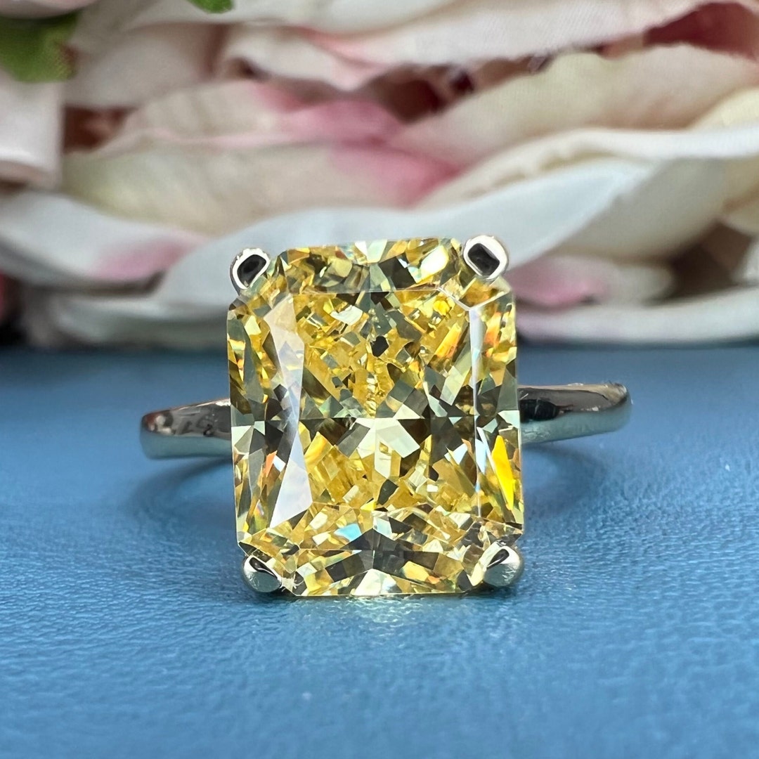 Canary Yellow Solitaire Engagement Ring, Radiant Cut Yellow Simulate ...