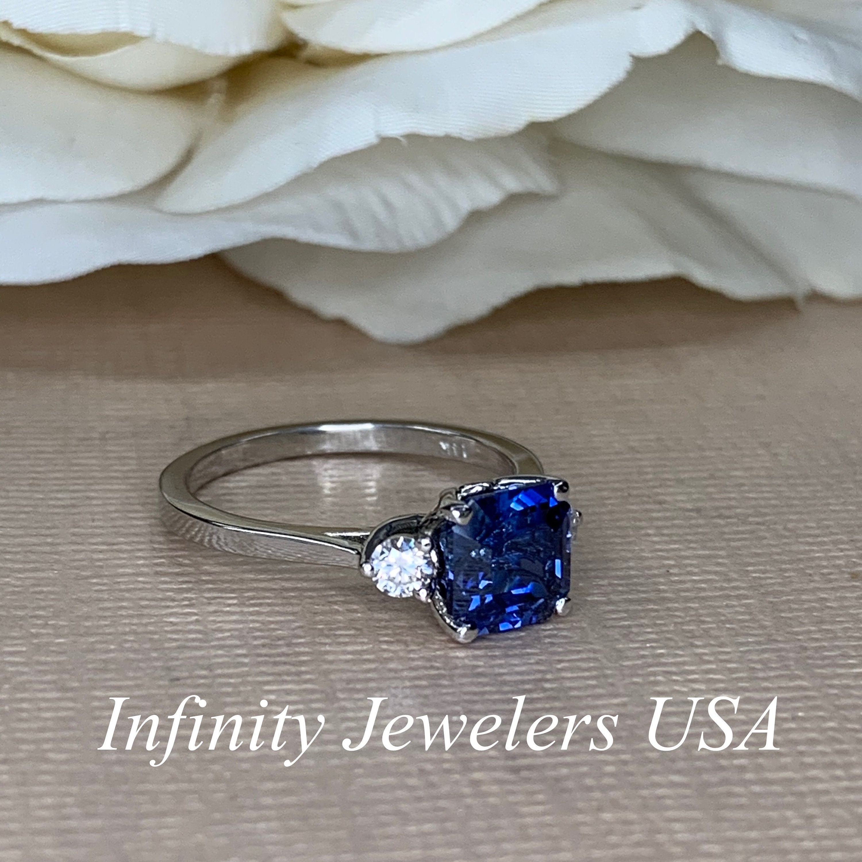 Blue sapphire asscher cut engagement ring with round | Etsy