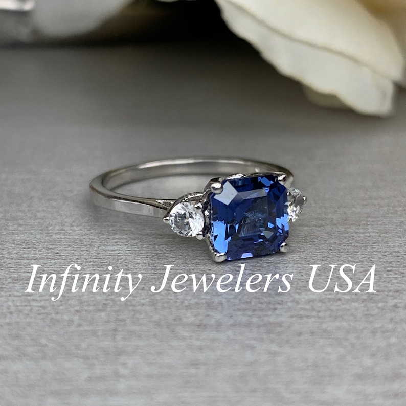 Blue sapphire asscher cut engagement ring with round white | Etsy