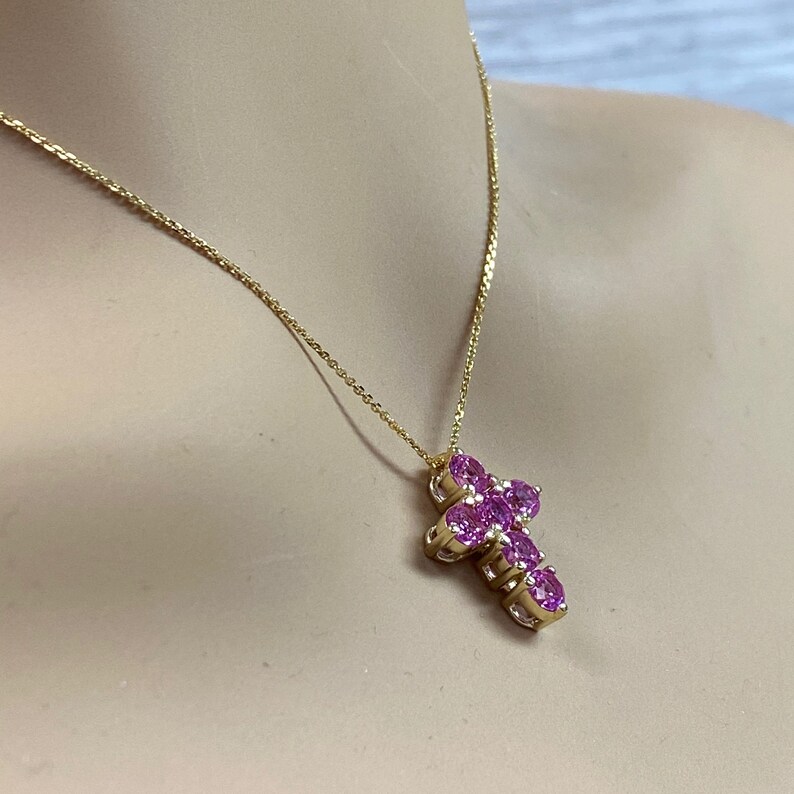 Cross Necklace, Pink Sapphire Small Cross Pendant Necklace, Dainty ...