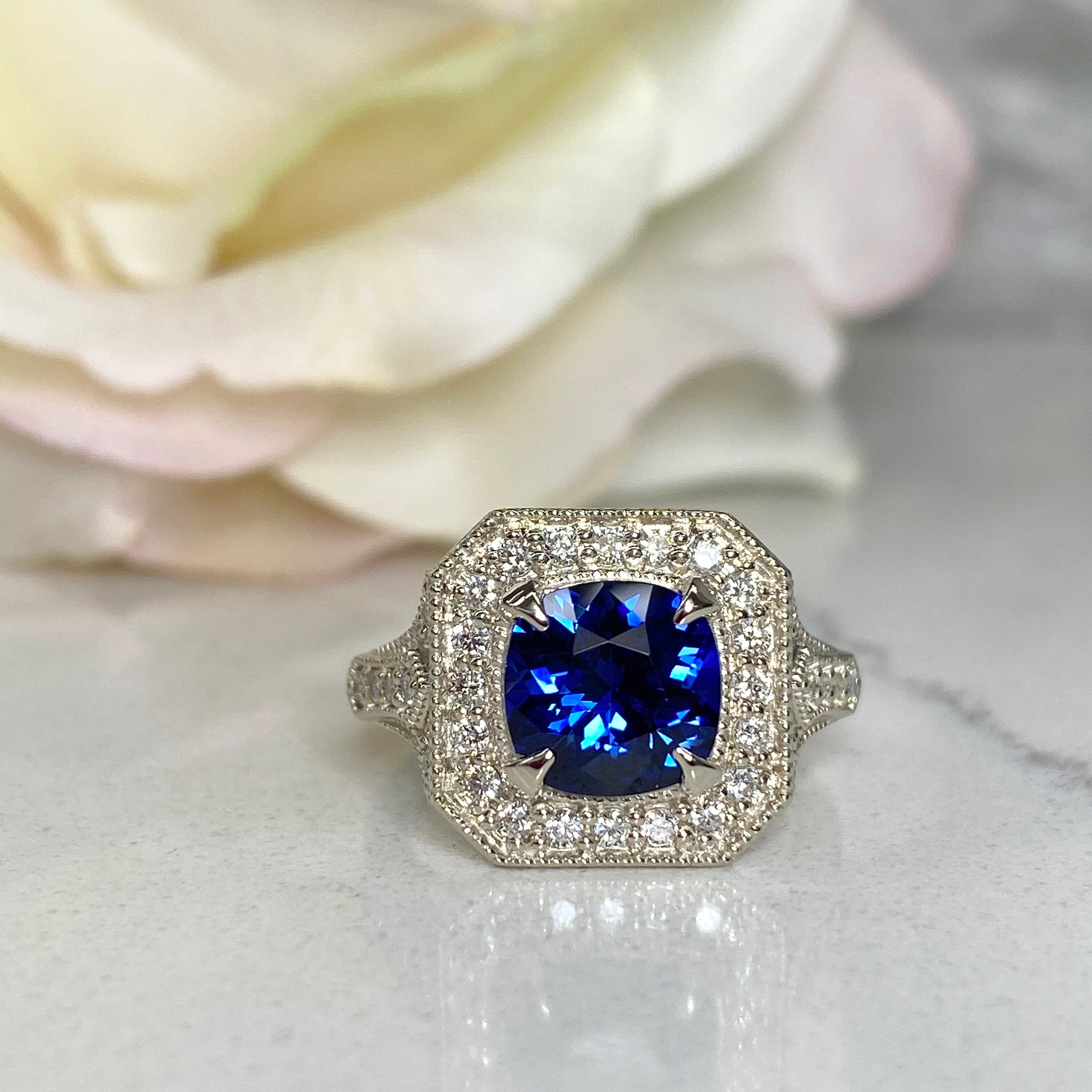 Cushion Cut Blue Sapphire Engagement Ring Women 14K White Gold, Vintage ...