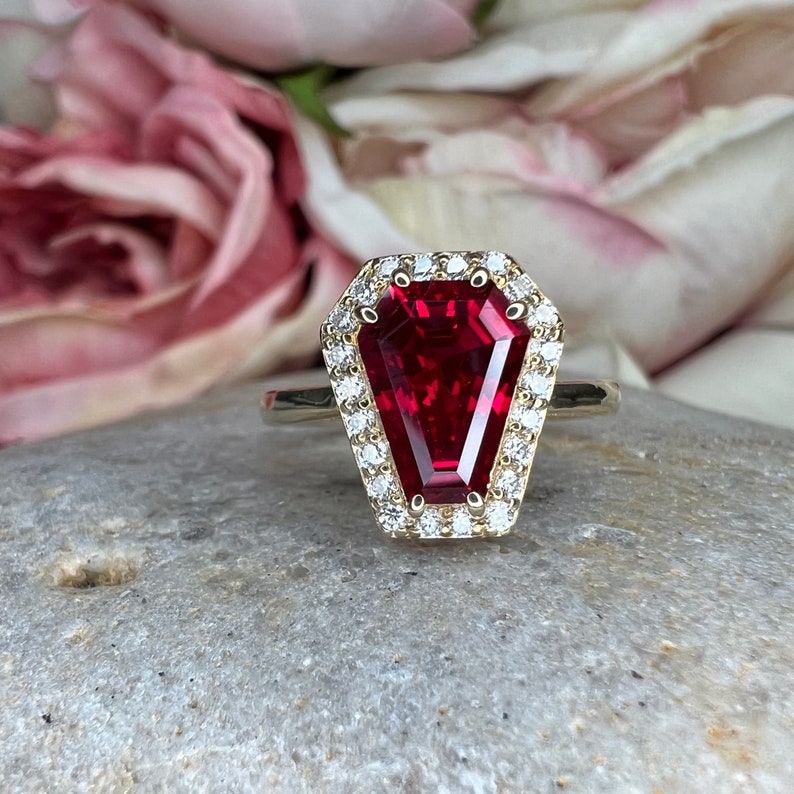 Ruby Coffin Ring 14k Solid Gold, Unique Vintage Ruby Halo Coffin Shape ...