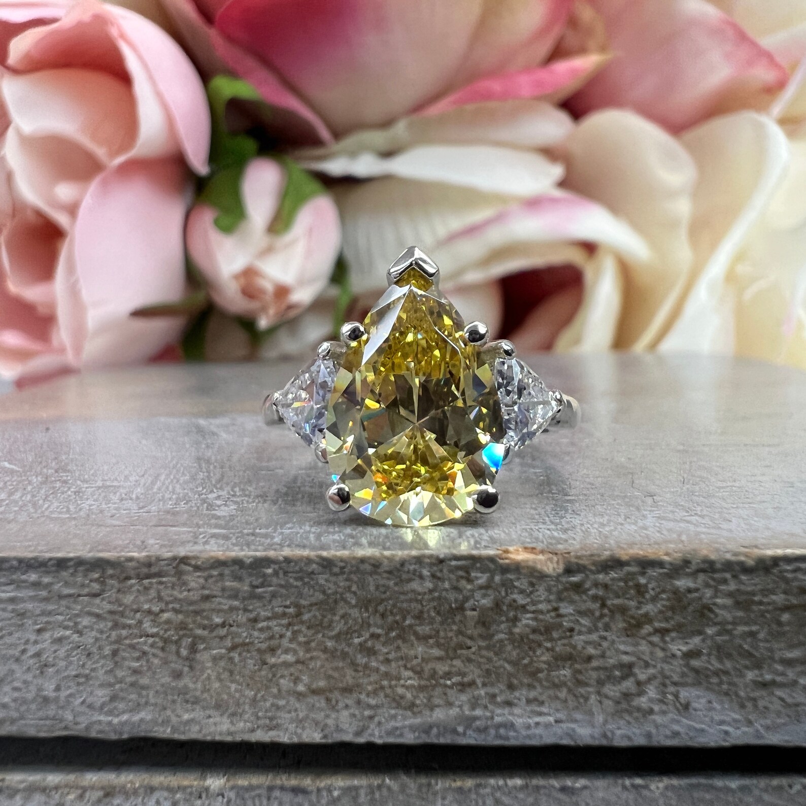 4 CT Canary Yellow Pear Engagement Ring Three Stone 14k - Etsy