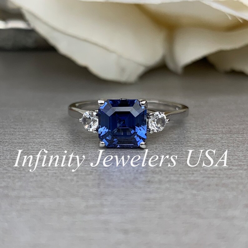 Blue sapphire asscher cut engagement ring with round white | Etsy
