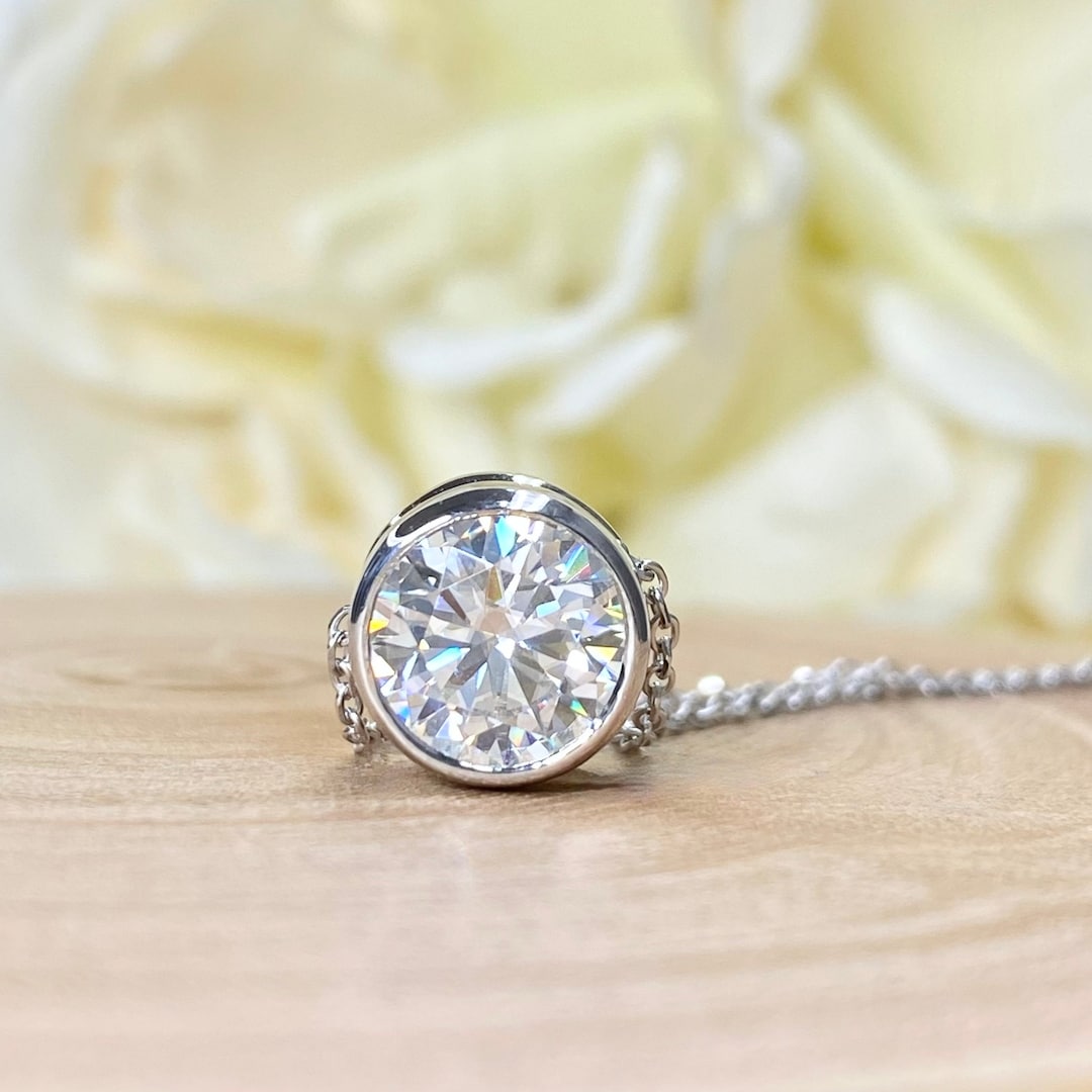 Round Moissanite Pendant Necklace 14k Gold, Simple Round Cut Necklace ...