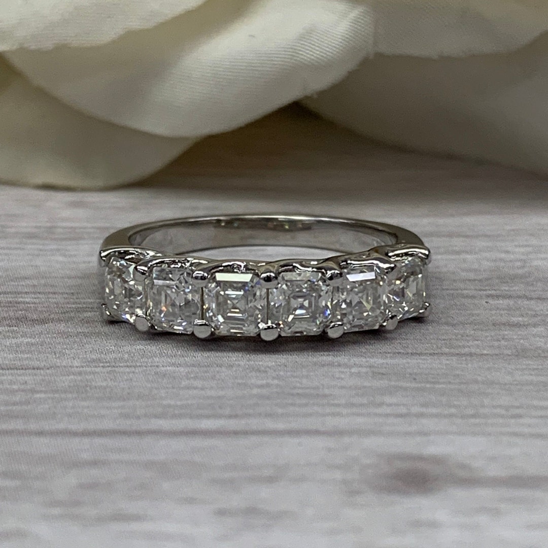 Lab Grown Diamond Wedding Band, Lab Created Diamond Stacking Band, 6 Stone Asscher Cut 14k Solid ...