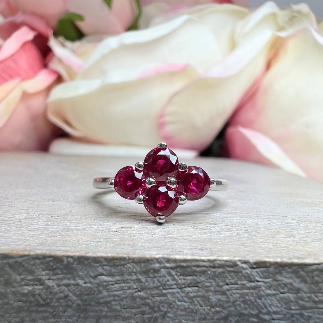 Four Stone Ruby Ring 14K Solid White Gold, Ruby Promise Ring for Ladies ...