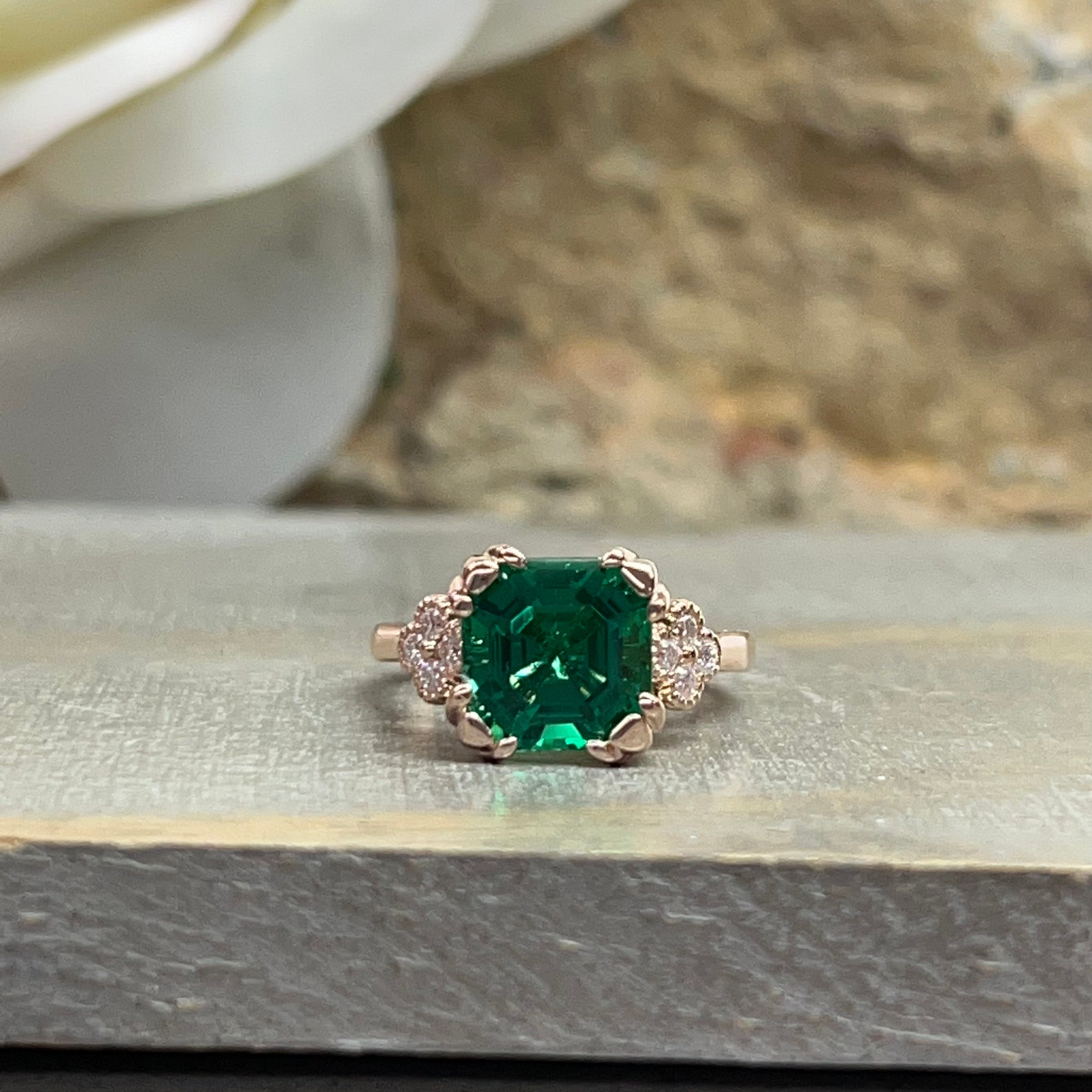 Asscher Cut Emerald Engagement Ring 14K Yellow Gold Unique - Etsy