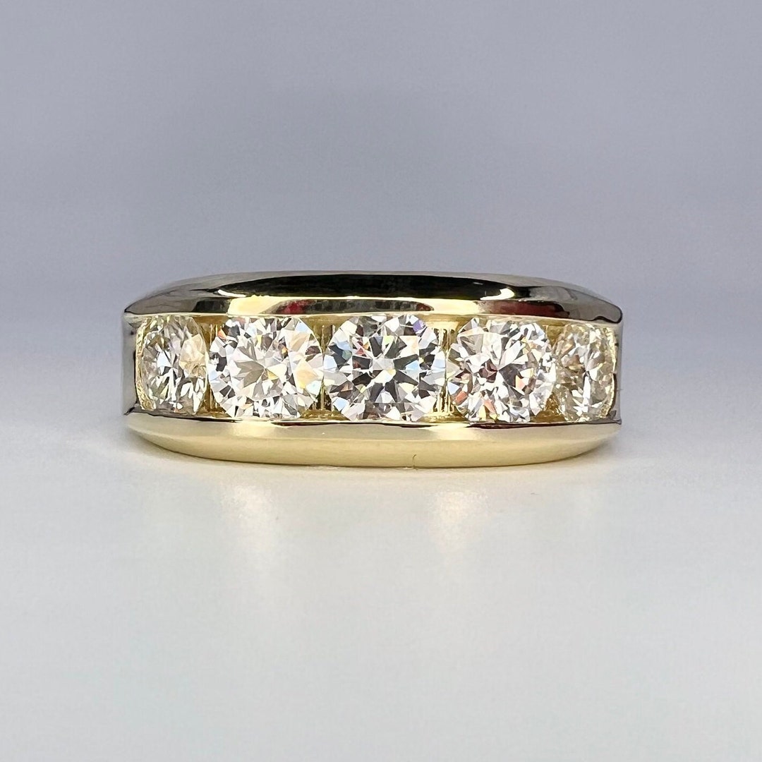 Mens Lab Grown Diamond Ring 14K Solid Gold 5 Stone Lab Created Mens ...