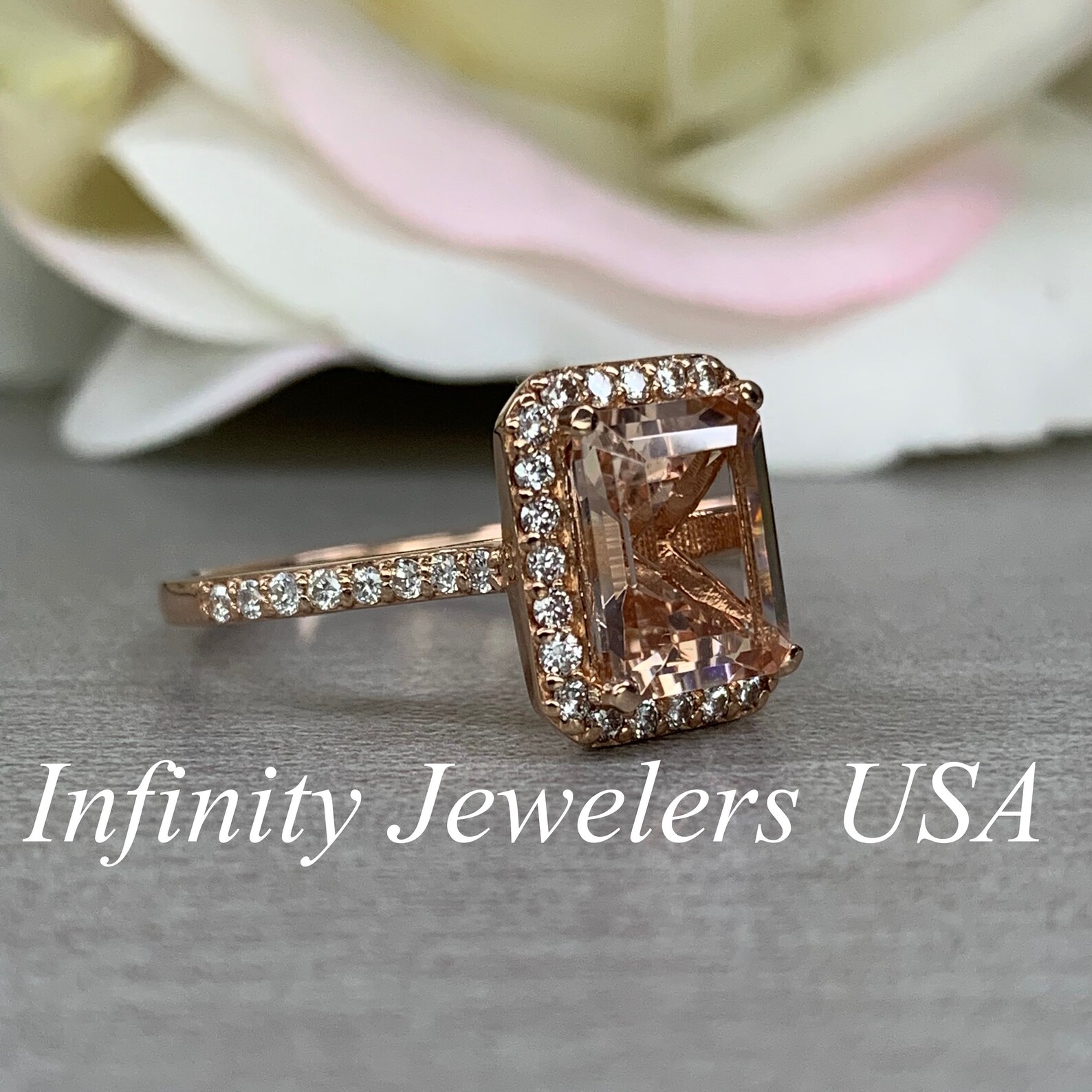 Morganite Halo Engagement Ring Emerald Cut Morganite in Rose | Etsy