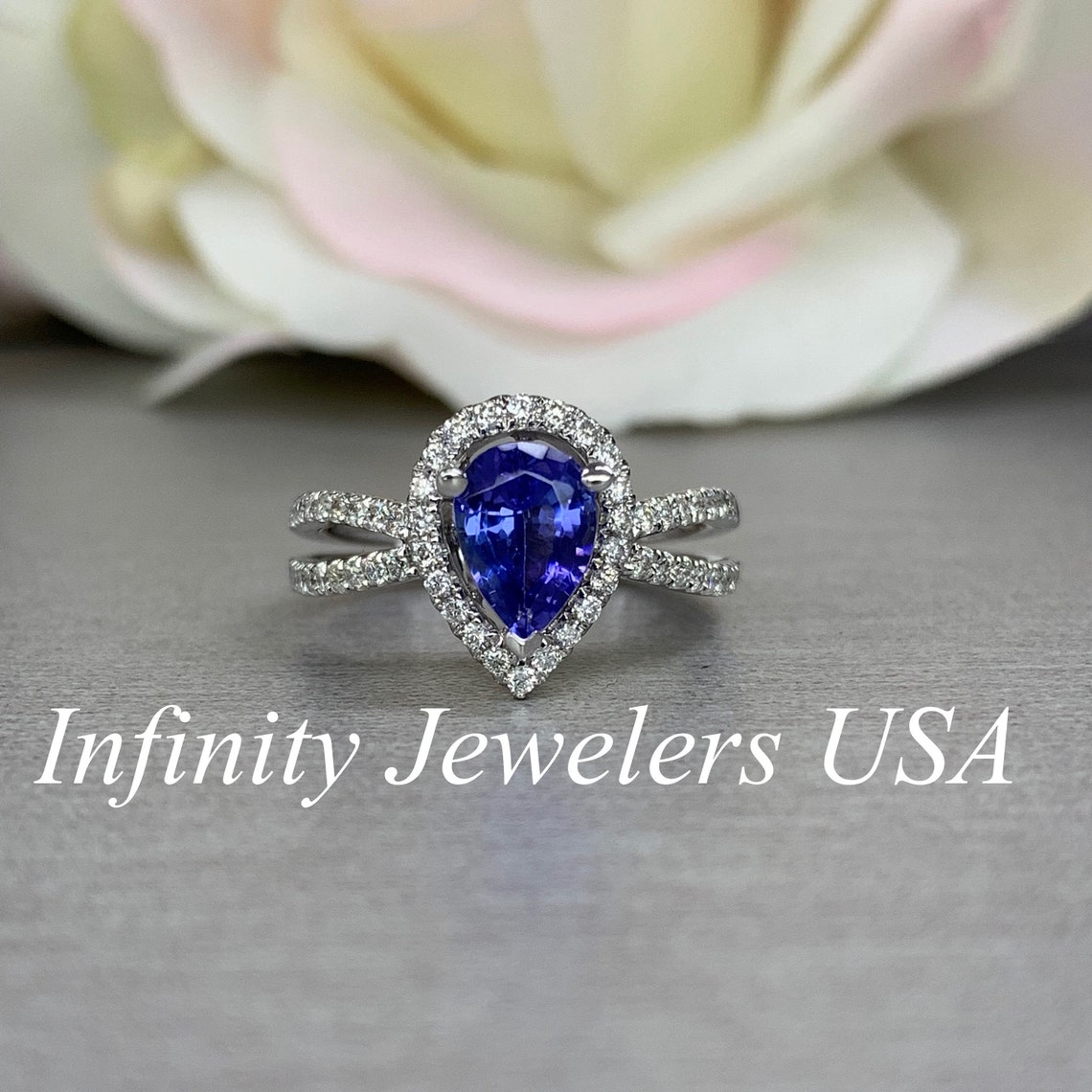 Pear Shape Tanzanite Engagement Ring / Diamond Halo Ring / 14k | Etsy