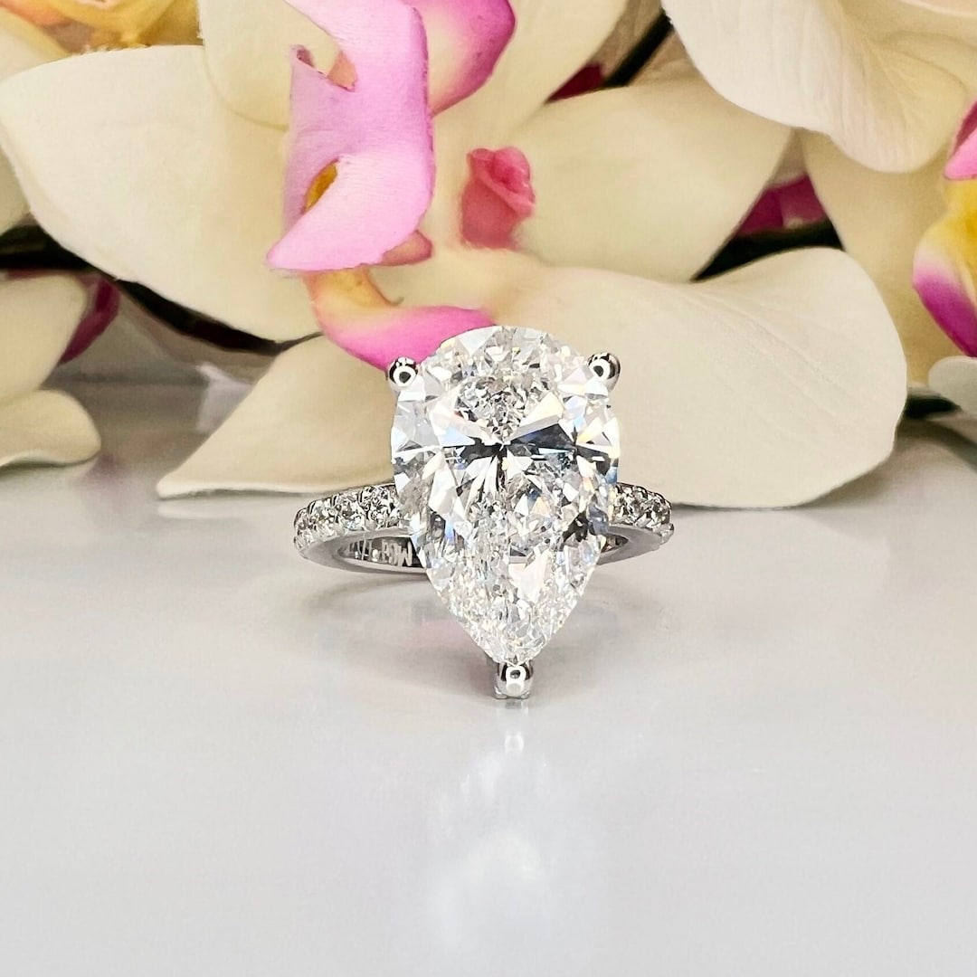 3.50 CTW Pear Shaped Lab Grown Diamond Engagement Ring With Hidden Halo 14K Solid Gold IGI ...