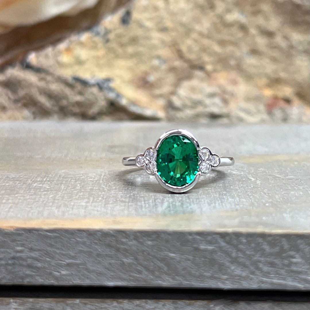 Oval Shaped Emerald Diamond Engagement Ring 14k White Gold Bezel Set ...