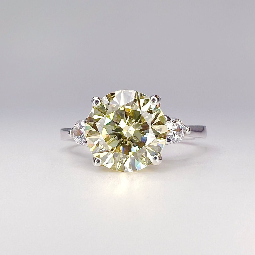 Round Cut Yellow Canary Engagement Ring 14K White Gold, Vintage Three ...