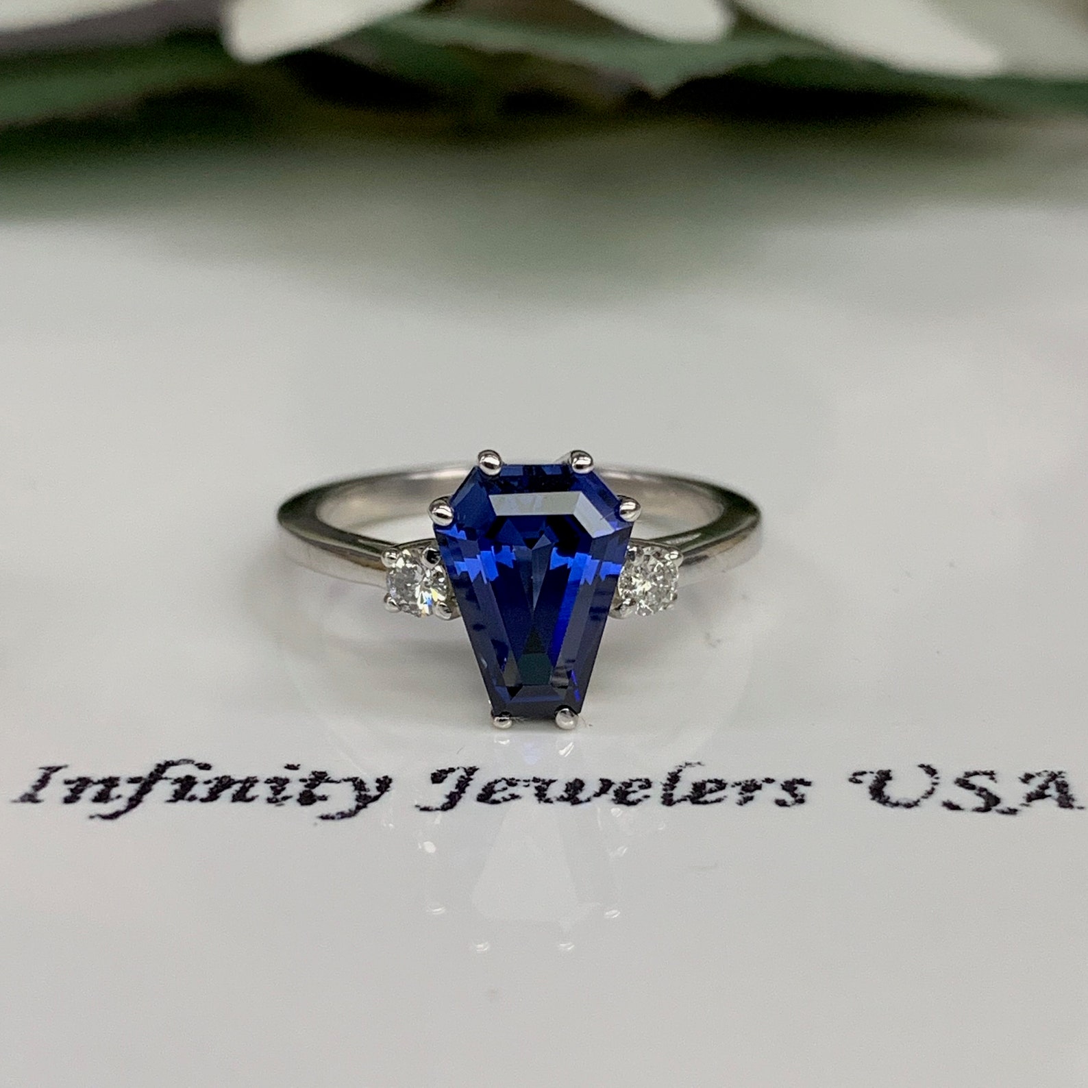 Elongated Trapezoid Blue Sapphire With Diamond Sides Engagement Ring, 2 ...