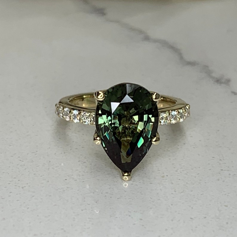 Green Sapphire Pear Shaped Engagement Ring 14k Gold Ring - Etsy
