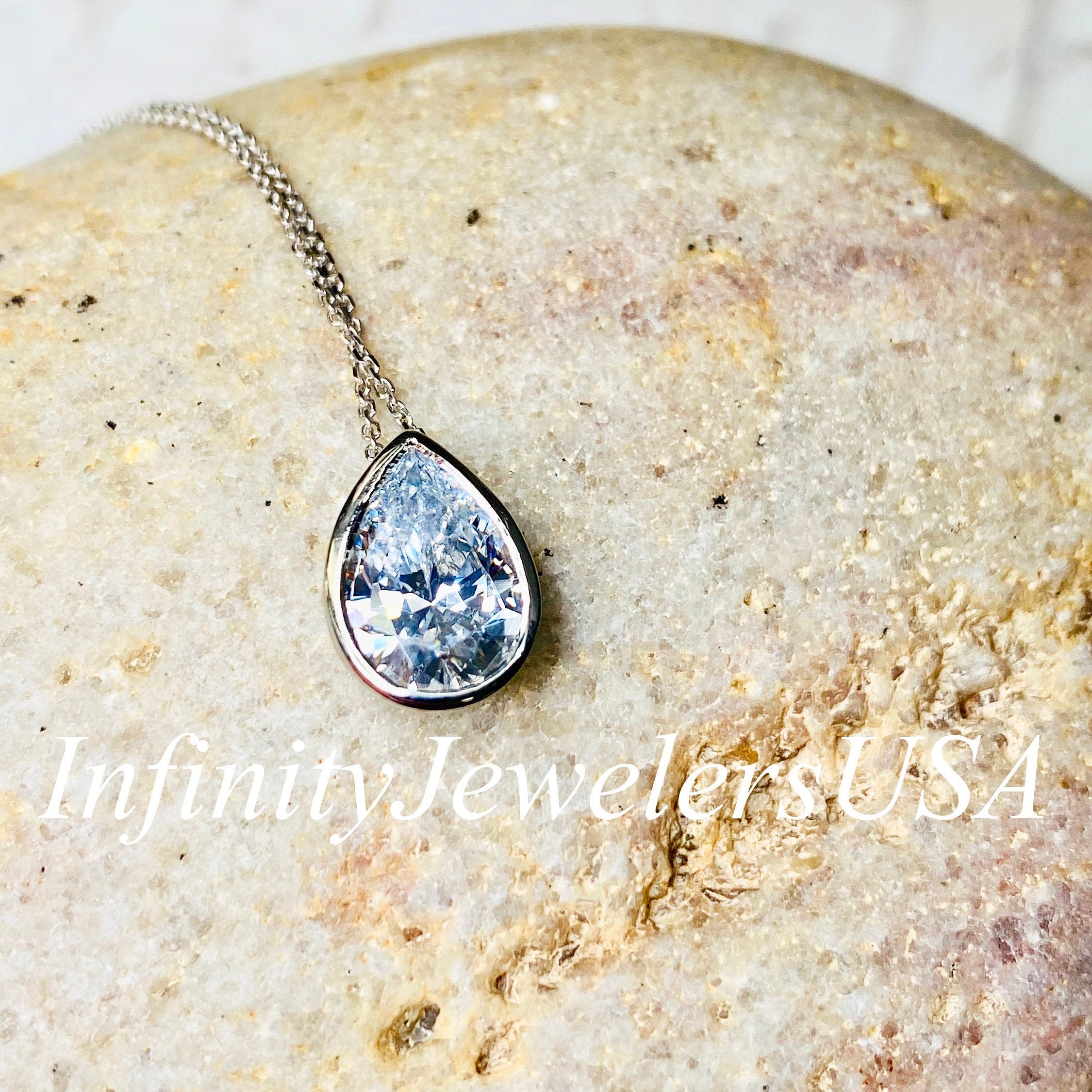 Pear Shape Bezel Pendant Necklace 14k White Gold Bridal | Etsy Pear Shape Bezel Pendant Necklace 14k White Gold Bridal | Etsy