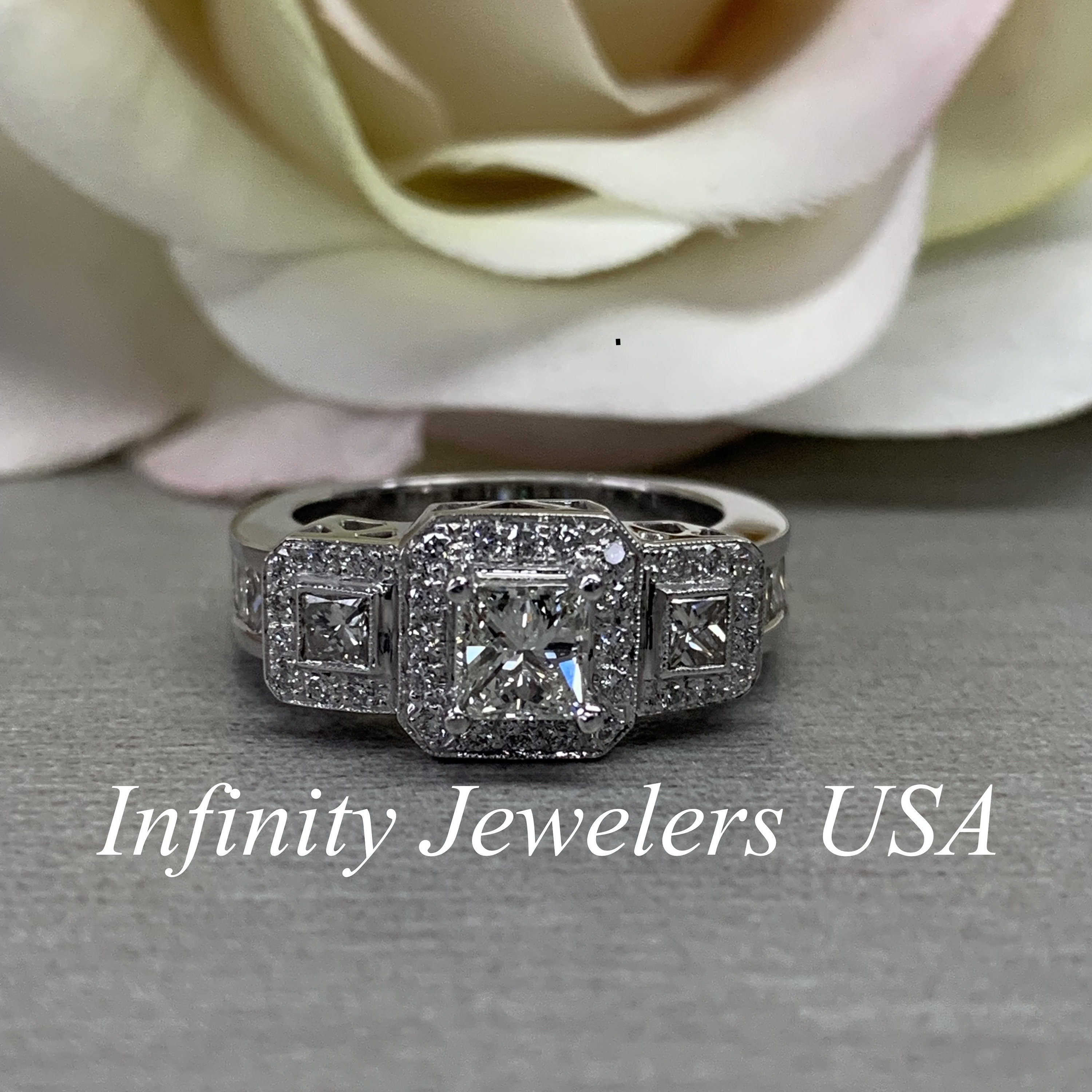 Three stone princess cut engagement ring store