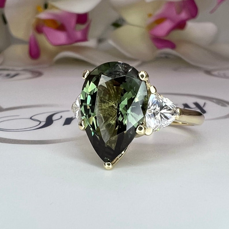 Pear Shape Olive Green Sapphire Engagement Ring White Gold - Etsy
