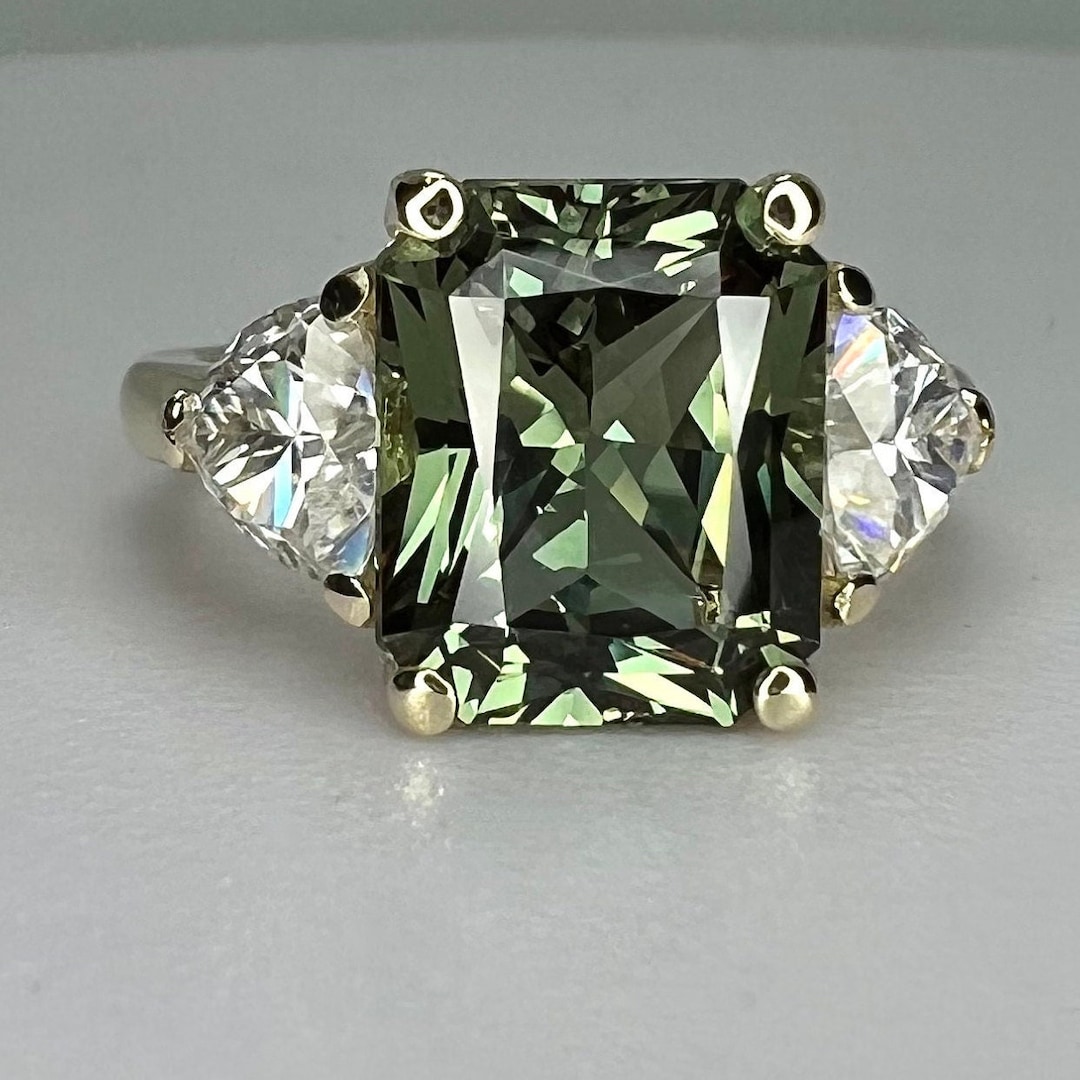 Radiant Cut Olive Green Sapphire Engagement Ring 14K Solid Gold, Three ...