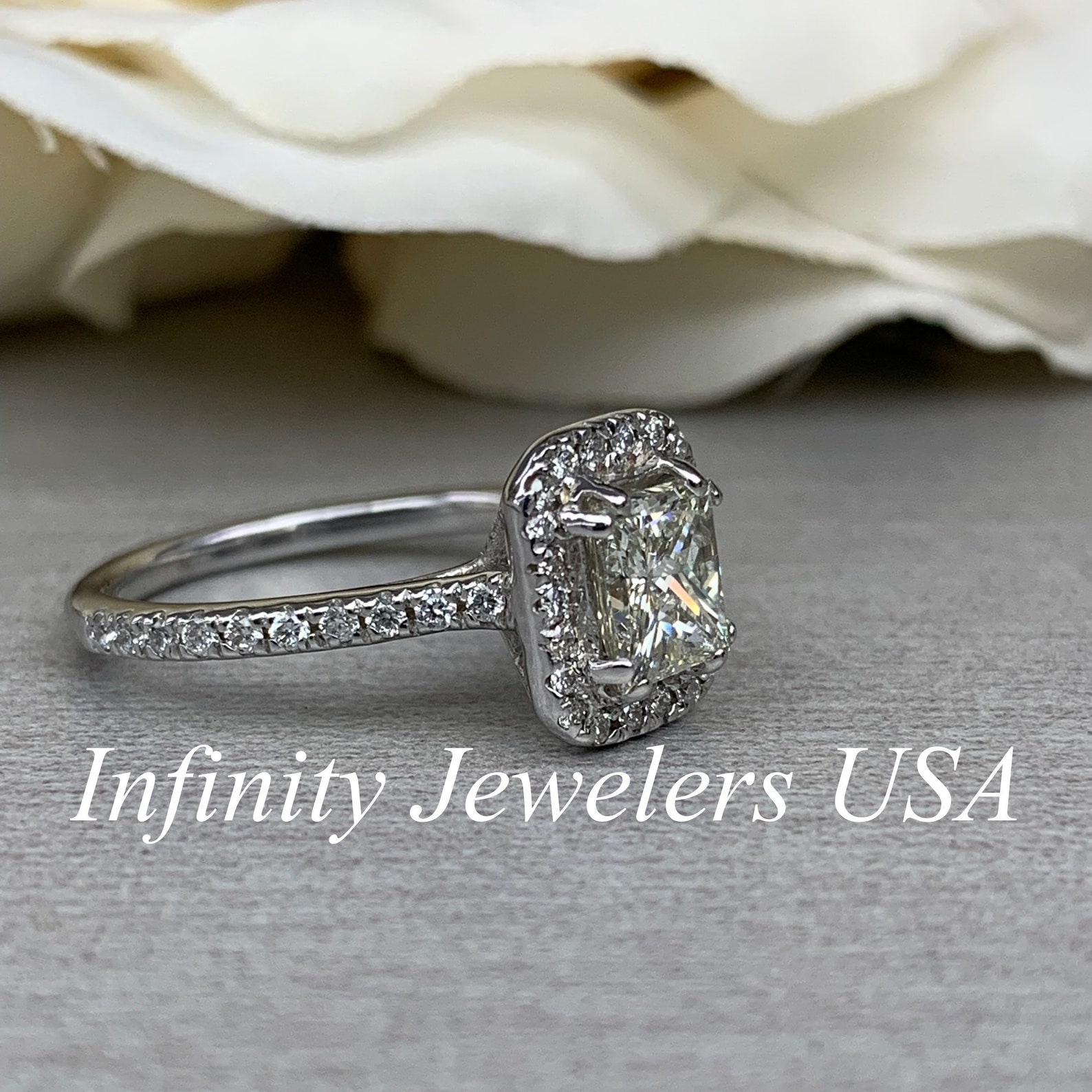 Halo Elongated Princess Cut Diamond Ring, 14k White Gold Promise Ring ...