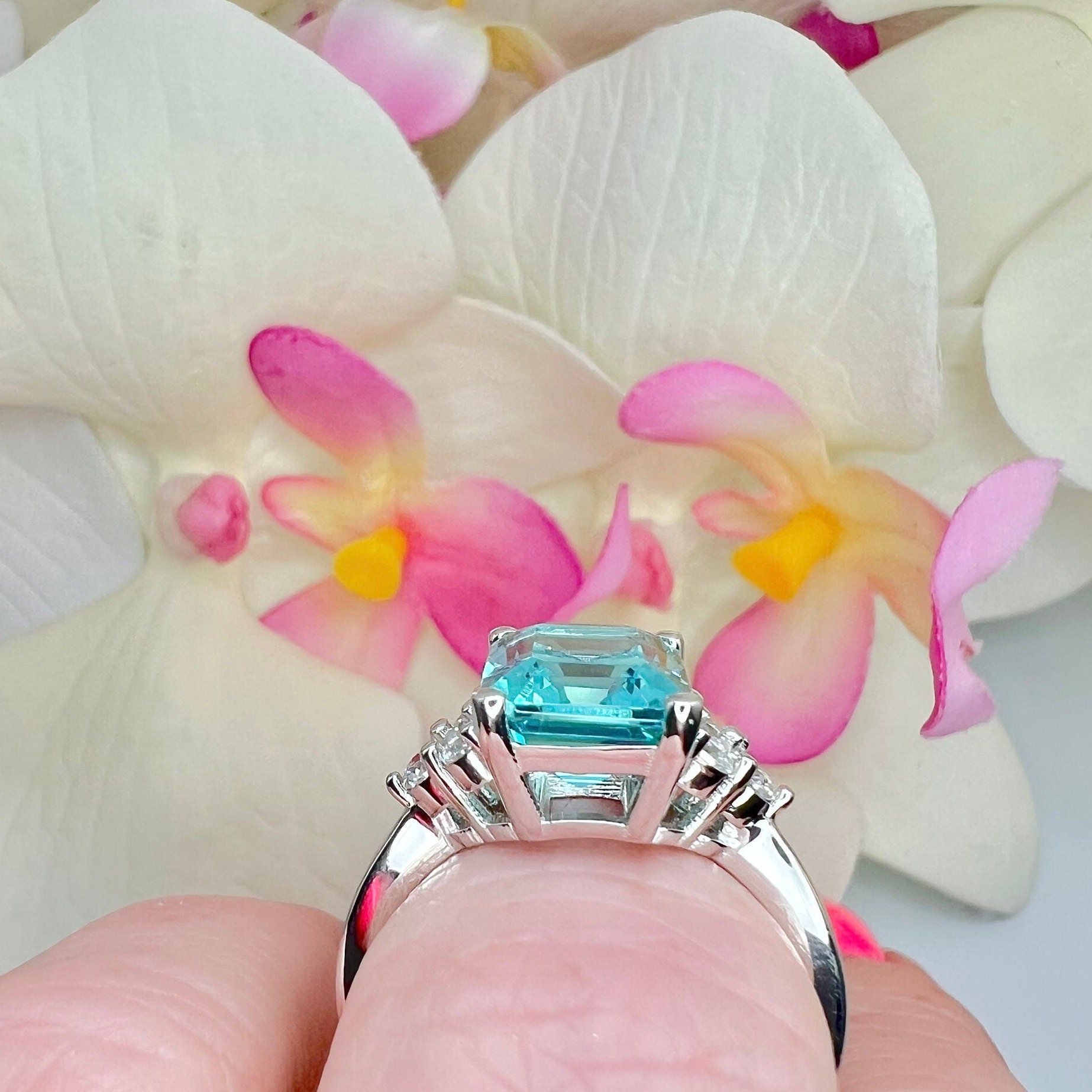 Paraiba Tourmaline Ring, Emerald Cut Engagement Ring 14K Gold, Three ...