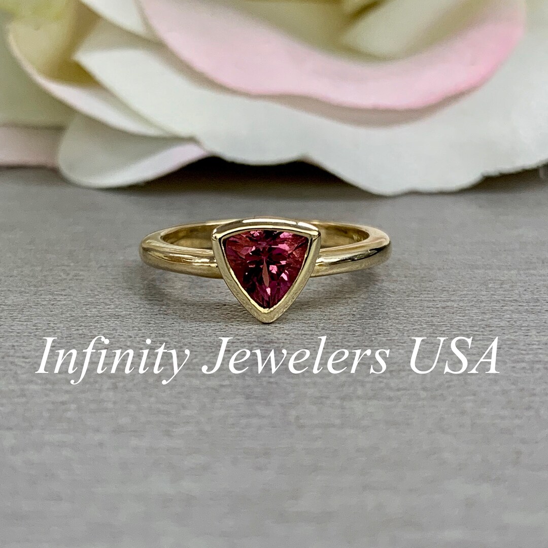 Pink Tourmaline Ring 14k Solid Gold, Pink Stone Bezel Set Triangle ...