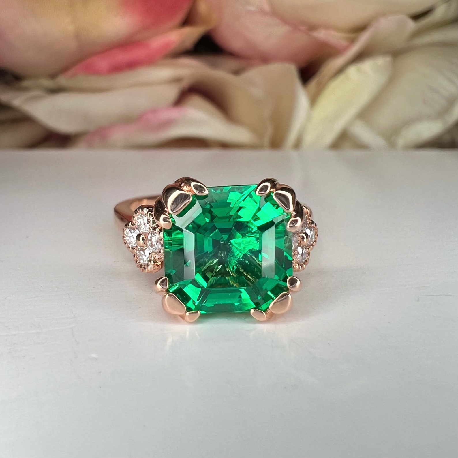 Asscher Cut Emerald Engagement Ring 14K Rose Gold Unique - Etsy