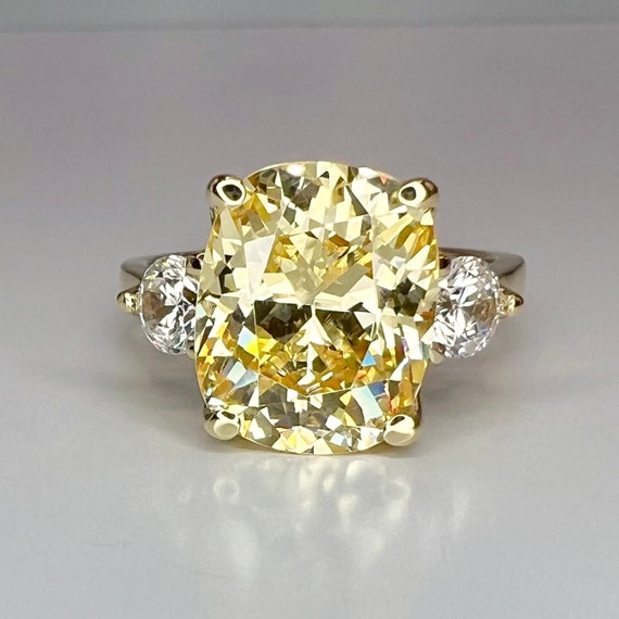 Canary Yellow Elongated Cushion Engagement Ring 14k Gold Three Stone Simulated Diamond Wedding Ring Cushion Cut Anniversary Ring 5538