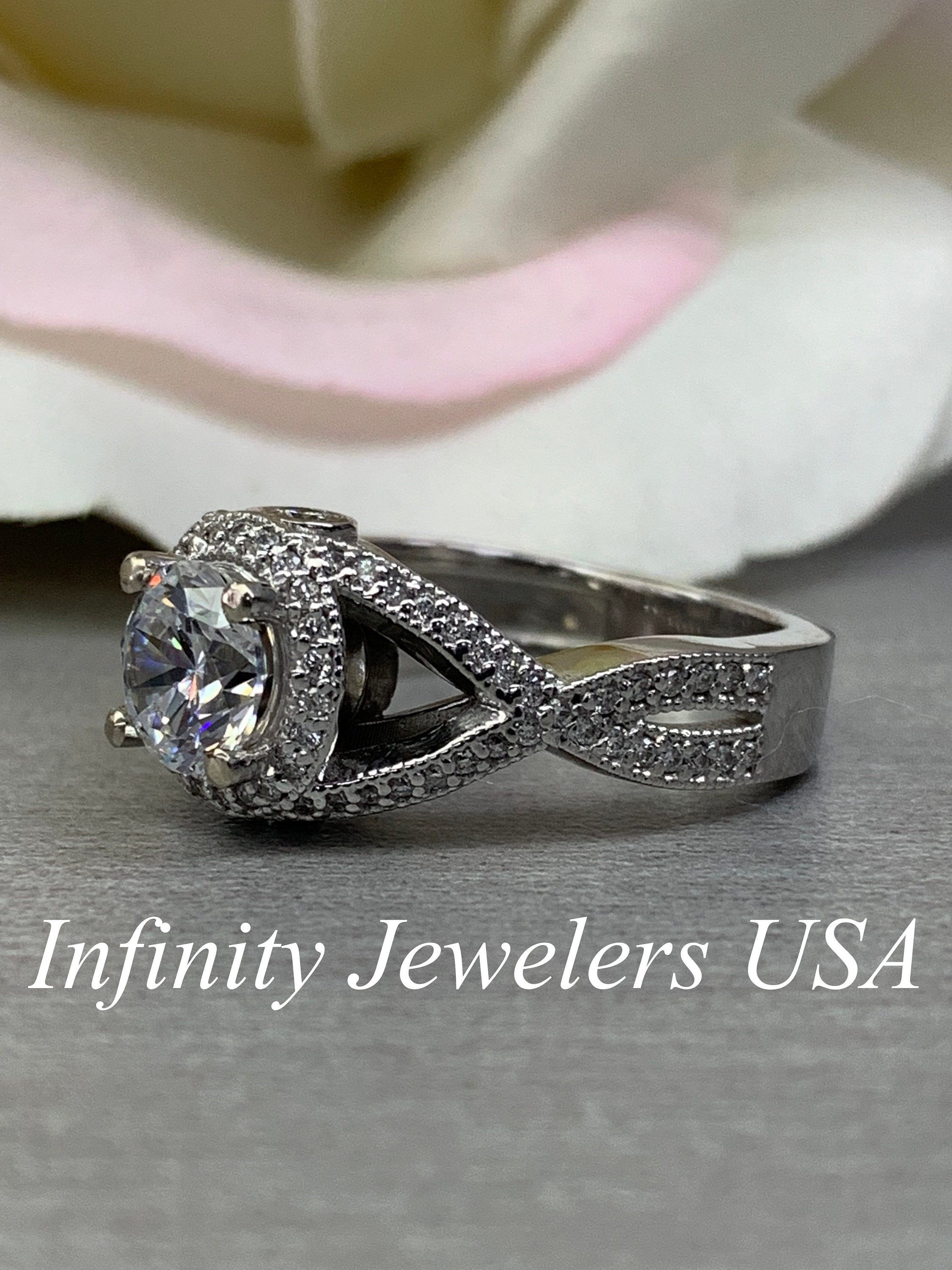 Round Cut Moissanite Engagement Ring 14K White Gold Infinity | Etsy